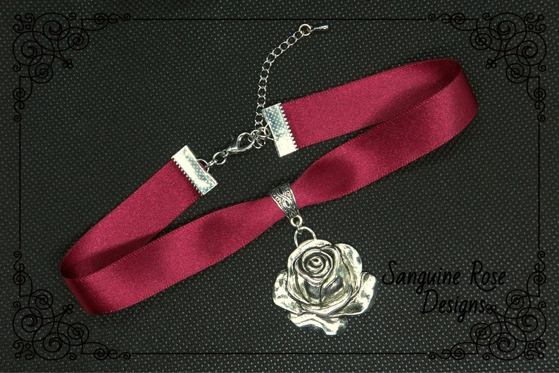 ROSE DARK RED Choker Necklace, Rose Pendant Burgundy Choker, Gothic ...