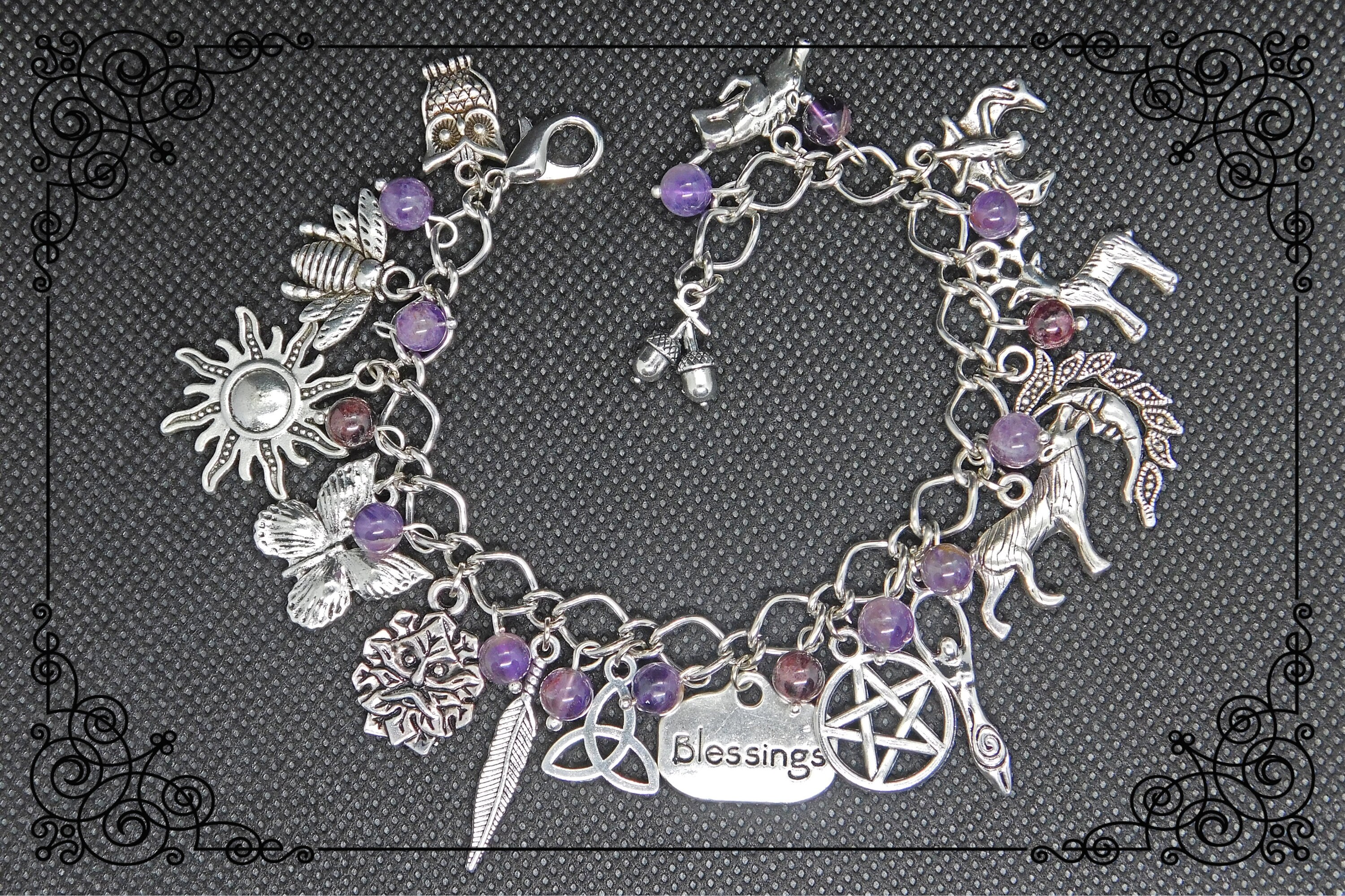 AMETHYST PAGAN Charm Bracelet, Witch, Wicca Charm Bracelet, Owl, Bee ...