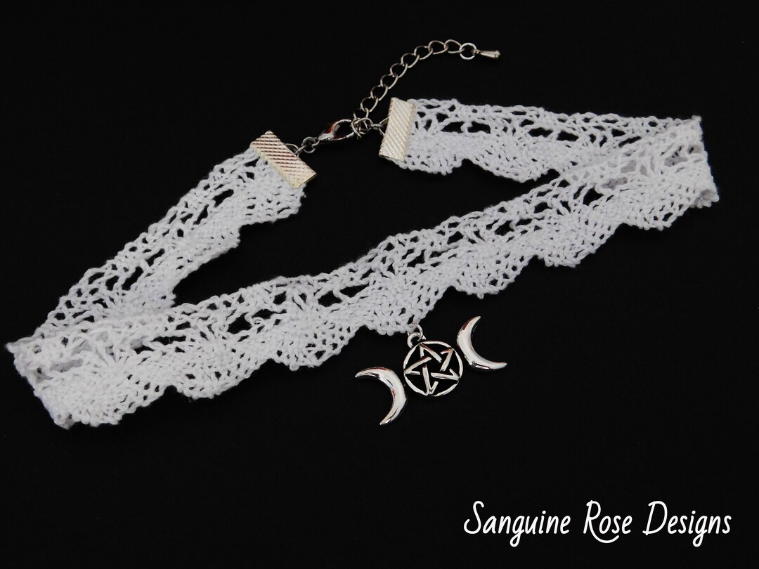 TRIPLE MOON GODDESS White Choker Necklace, White Lace Choker, Goddess ...