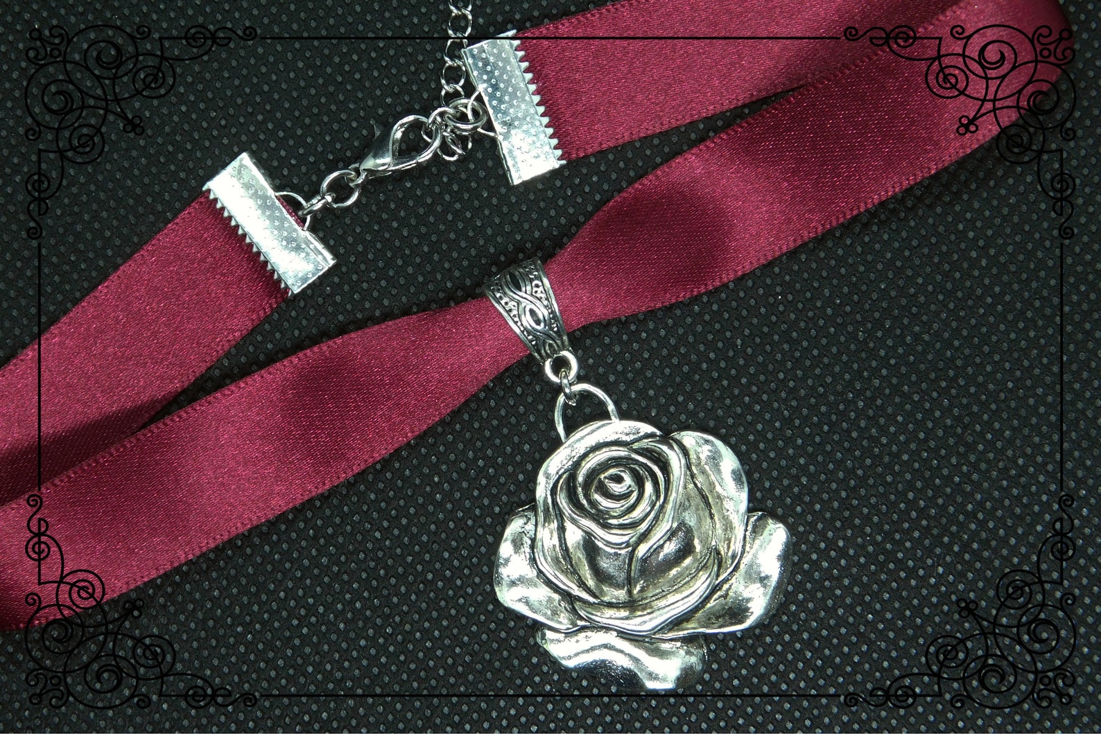 ROSE DARK RED Choker Necklace, Rose Pendant Burgundy Choker, Gothic ...