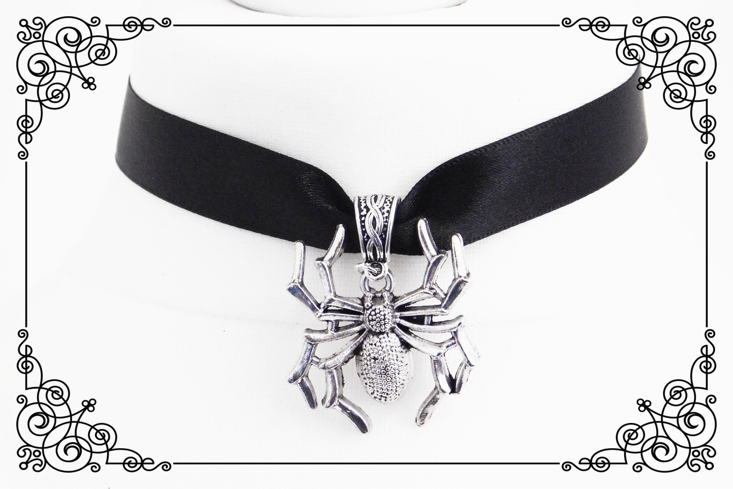 SPIDER CHOKER NECKLACE, Black Satin Choker, Spider Jewellery, Gothic ...