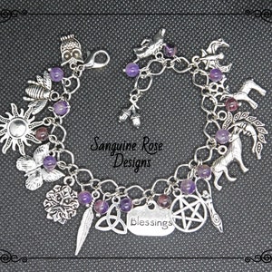 AMETHYST PAGAN Charm Bracelet, Witch, Wicca Charm Bracelet, Owl, Bee, Sun, Acorn, Various ...