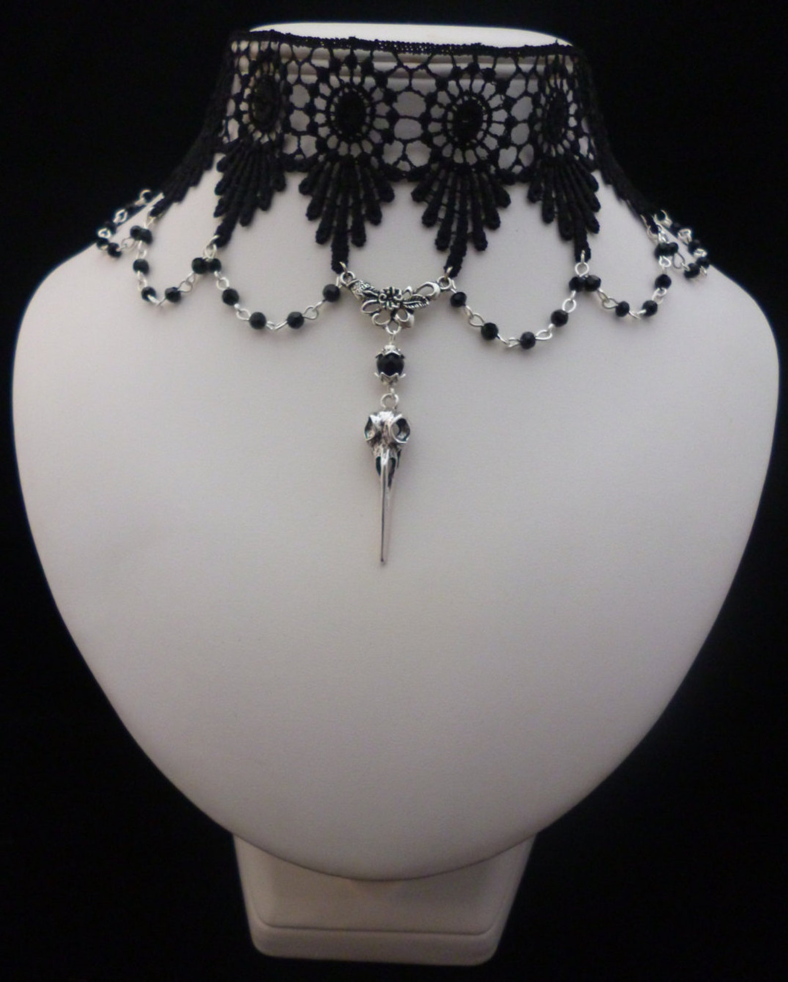 Black Guipure Lace Raven Skull Choker Necklace Gothic - Etsy