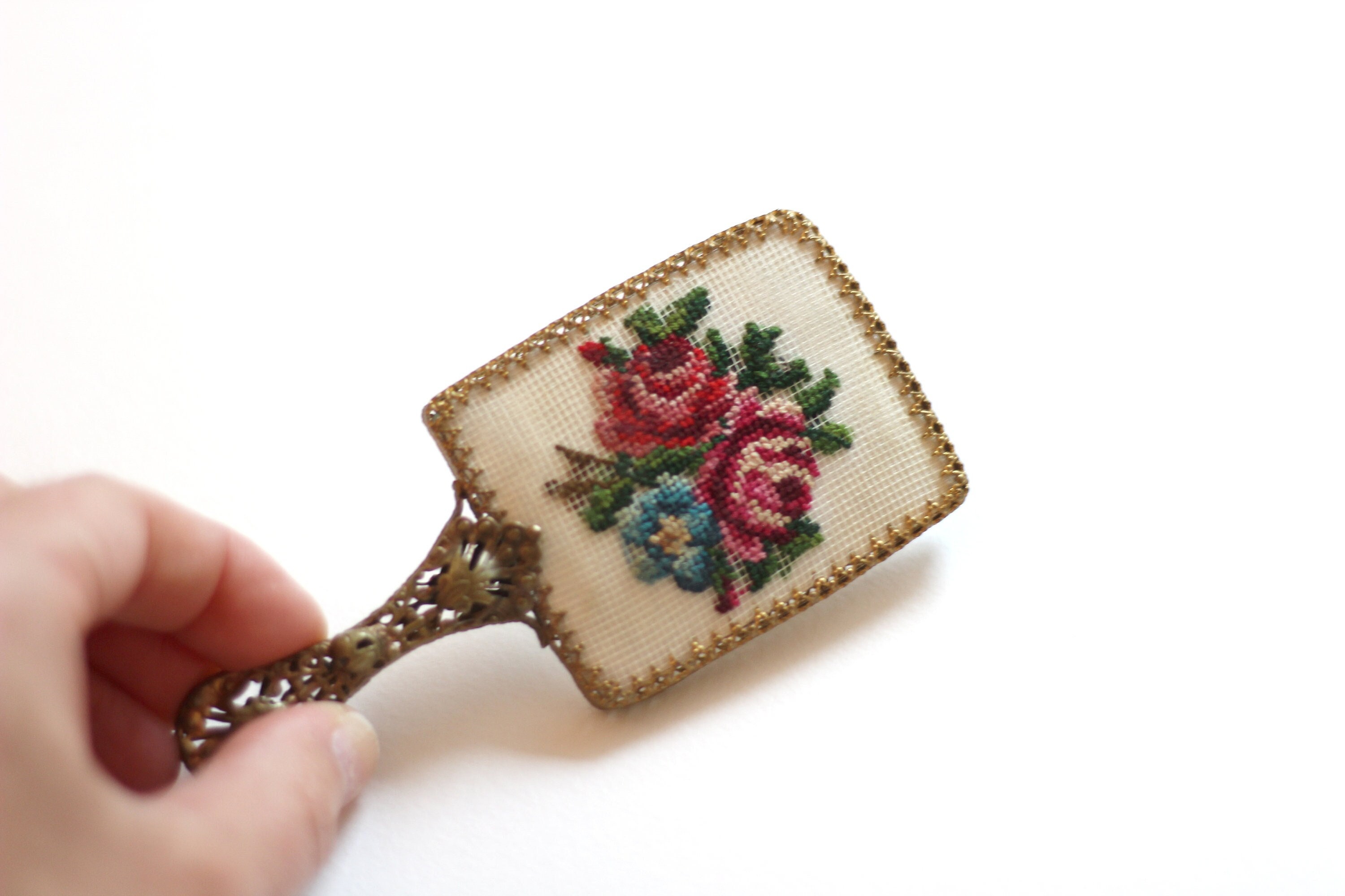 Small Antique Brass Hand Mirror With Petit Point Embroidery - Etsy