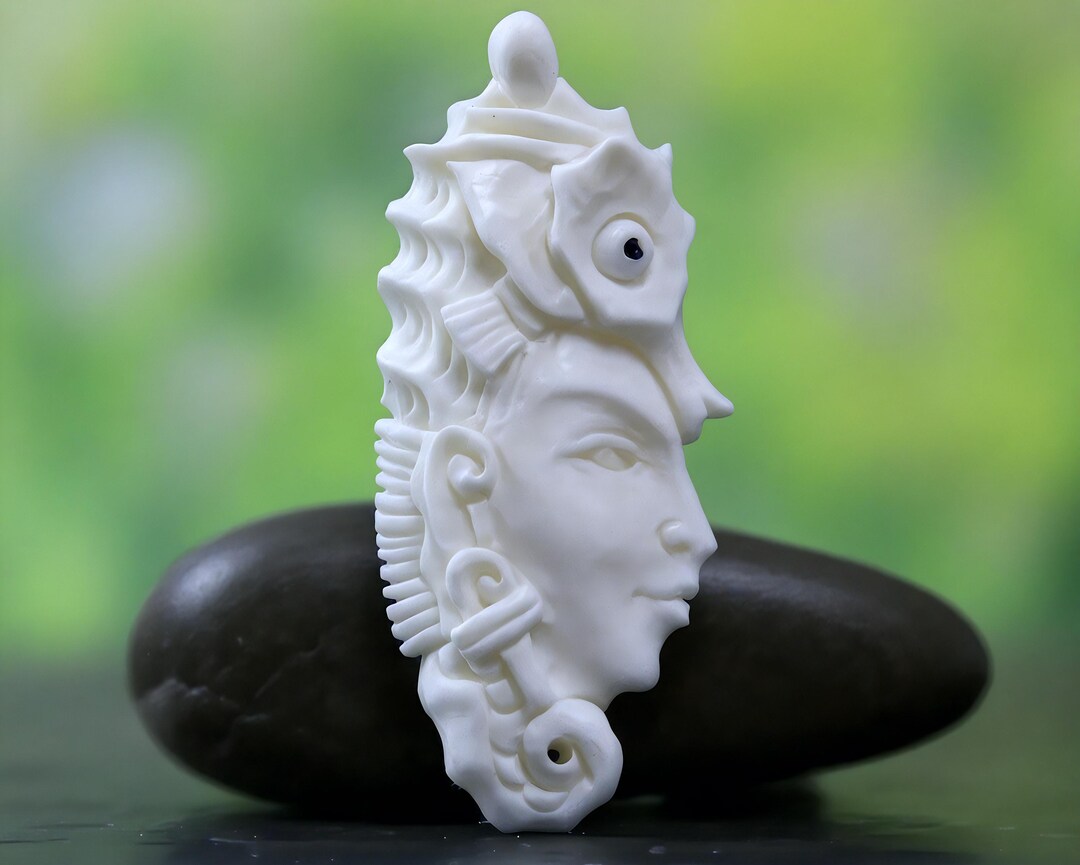 Hand-carved Bone Ocean Deity Pendant • Mythic Sea Spirit Totem Focal ...