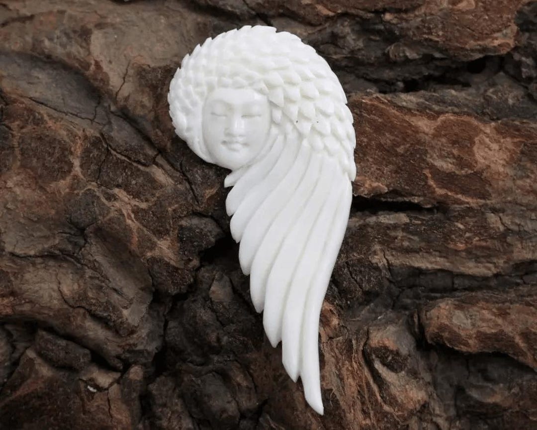 Hand-carved Bone Angel Wing Spirit Face Cabochon • Ethereal Focal ...