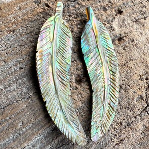 Pair of 35mm Carved Abalone Shell Feather Charms With Iridescent ...