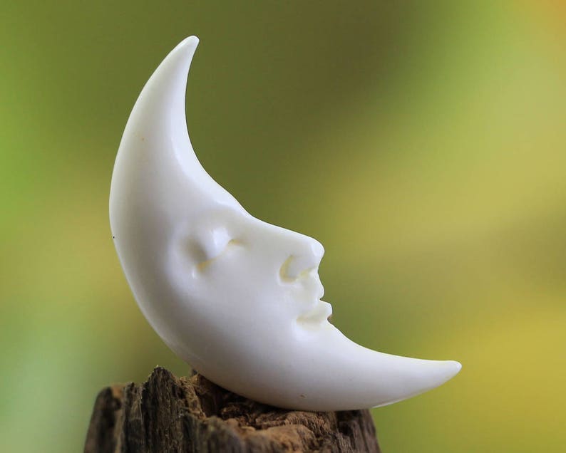 Carved Bone Crescent Moon Face • Side-profile Luna • Pendant or Charm ...