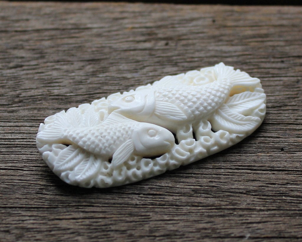 Hand-carved Bone Koi Pair Medallion for Feng Shui and Statement Jewelry ...