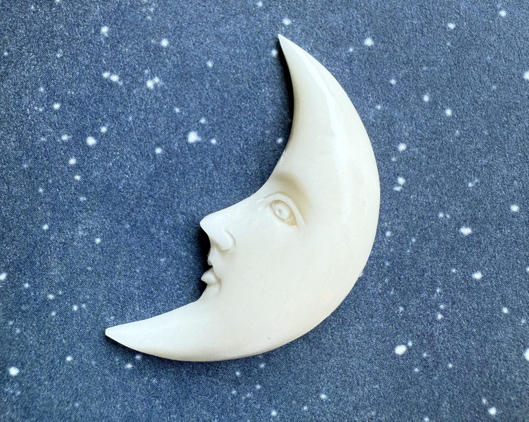 Carved Bone Moon Face Crescent • Oval-profile Lunar Cabochon for ...