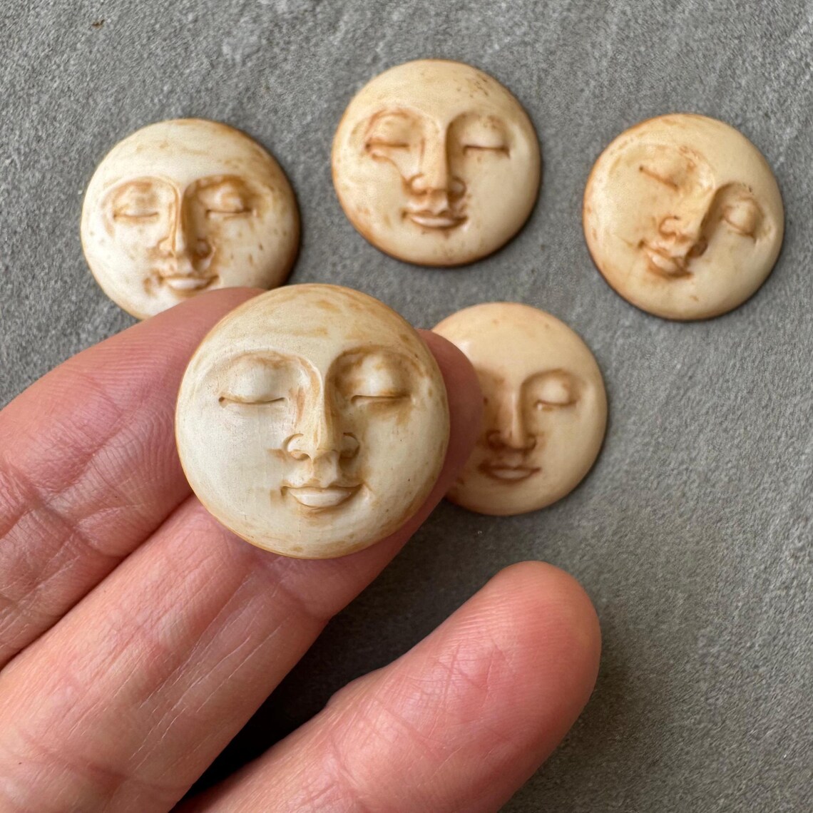 Antique-stained Carved Bone Moon Face | 25mm Round Cabochon - Etsy