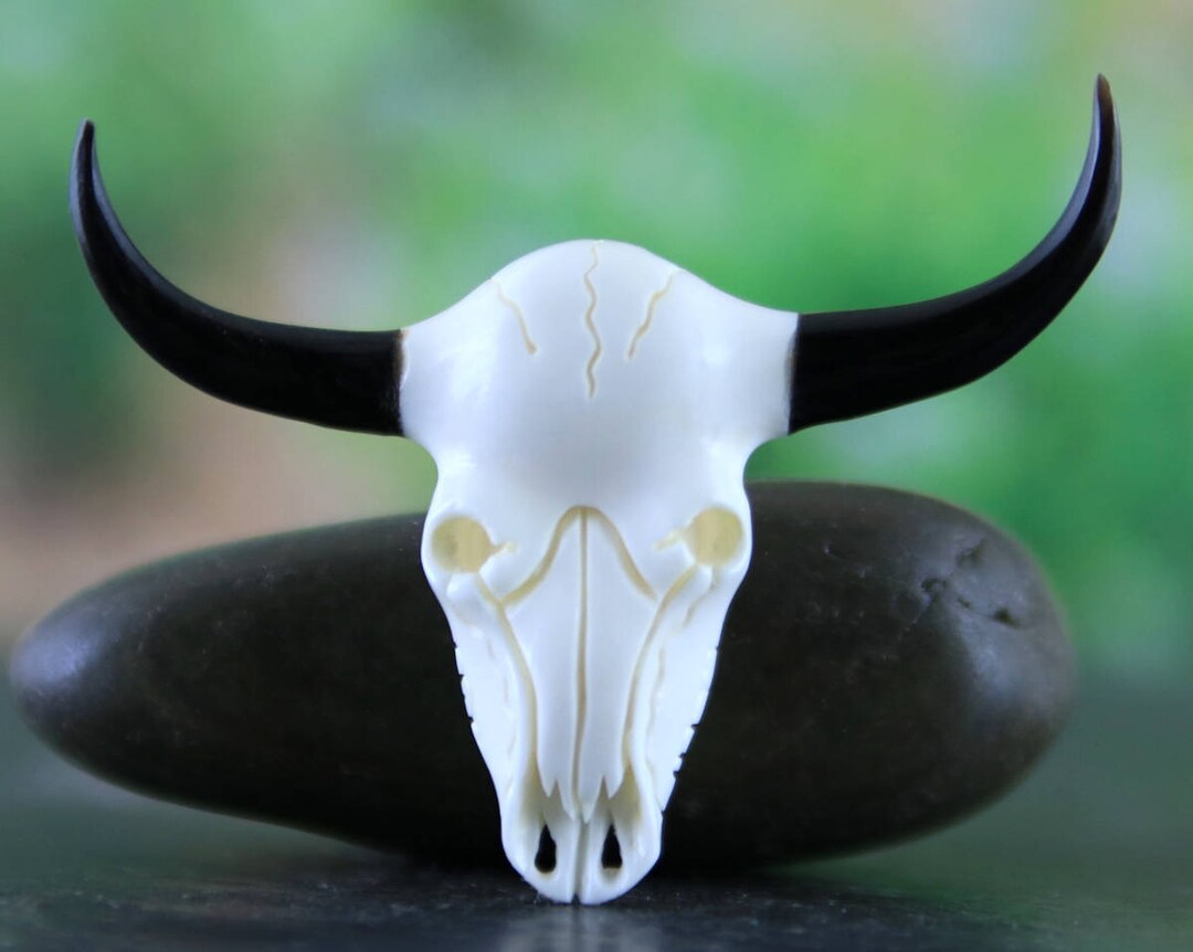 Steer Skull Bull Head Carved Cow Bone and Genuine Bull Horn Pendant ...