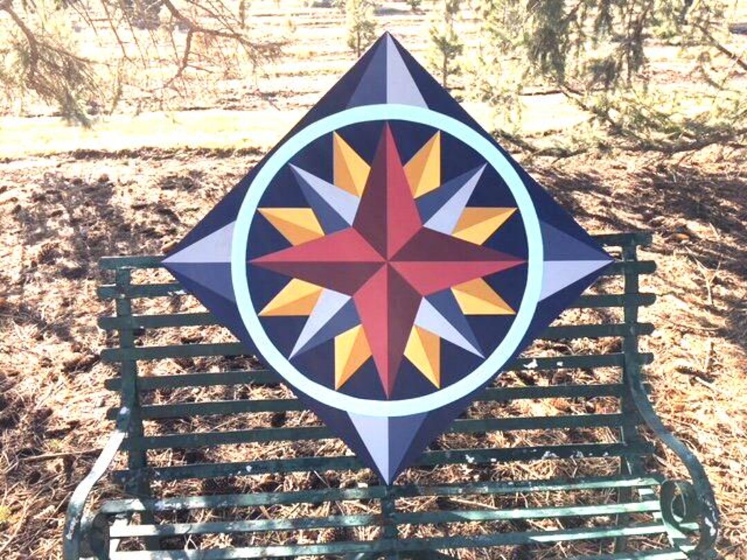 Mariner's Compass Barn Quilt, Blue, Gold, Red Exterior Grade Materials ...