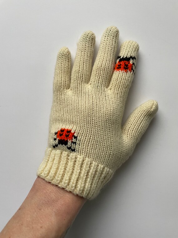 Vintage 1940s Ivory Lady Bug Knit Girl’s Gloves - Gem