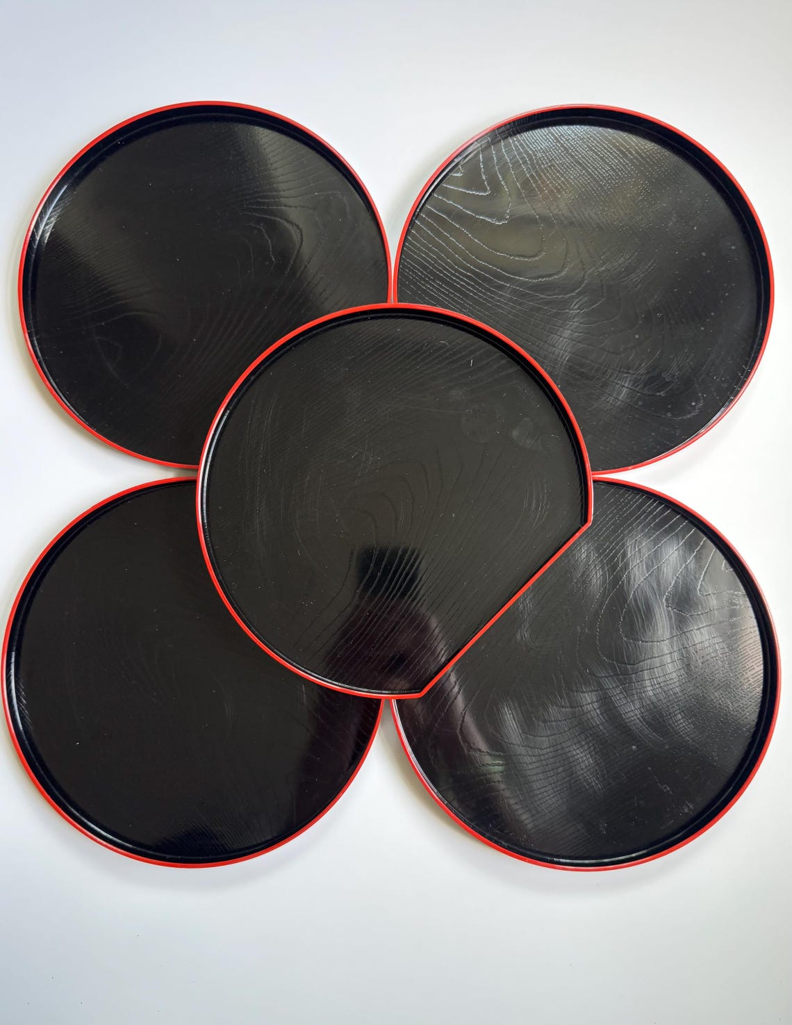 Set of 5 Vintage Japanese Laquerware Black With Red Trim Snack Plates ...