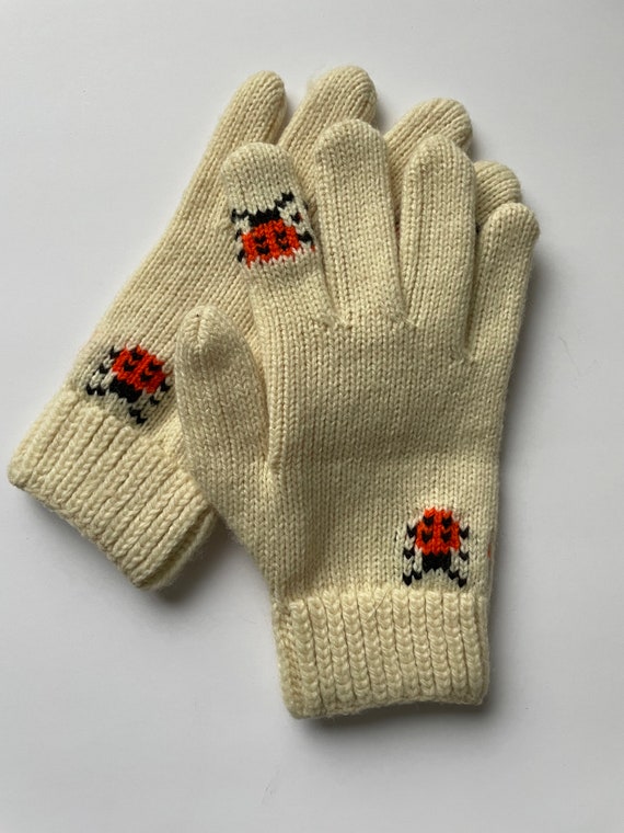 Vintage 1940s Ivory Lady Bug Knit Girl’s Gloves - Gem