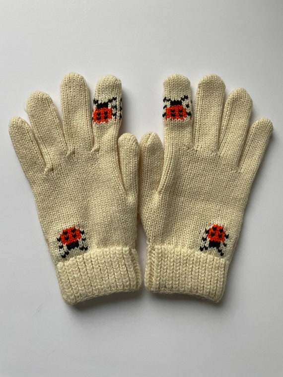 Vintage 1940s Ivory Lady Bug Knit Girl’s Gloves - Gem