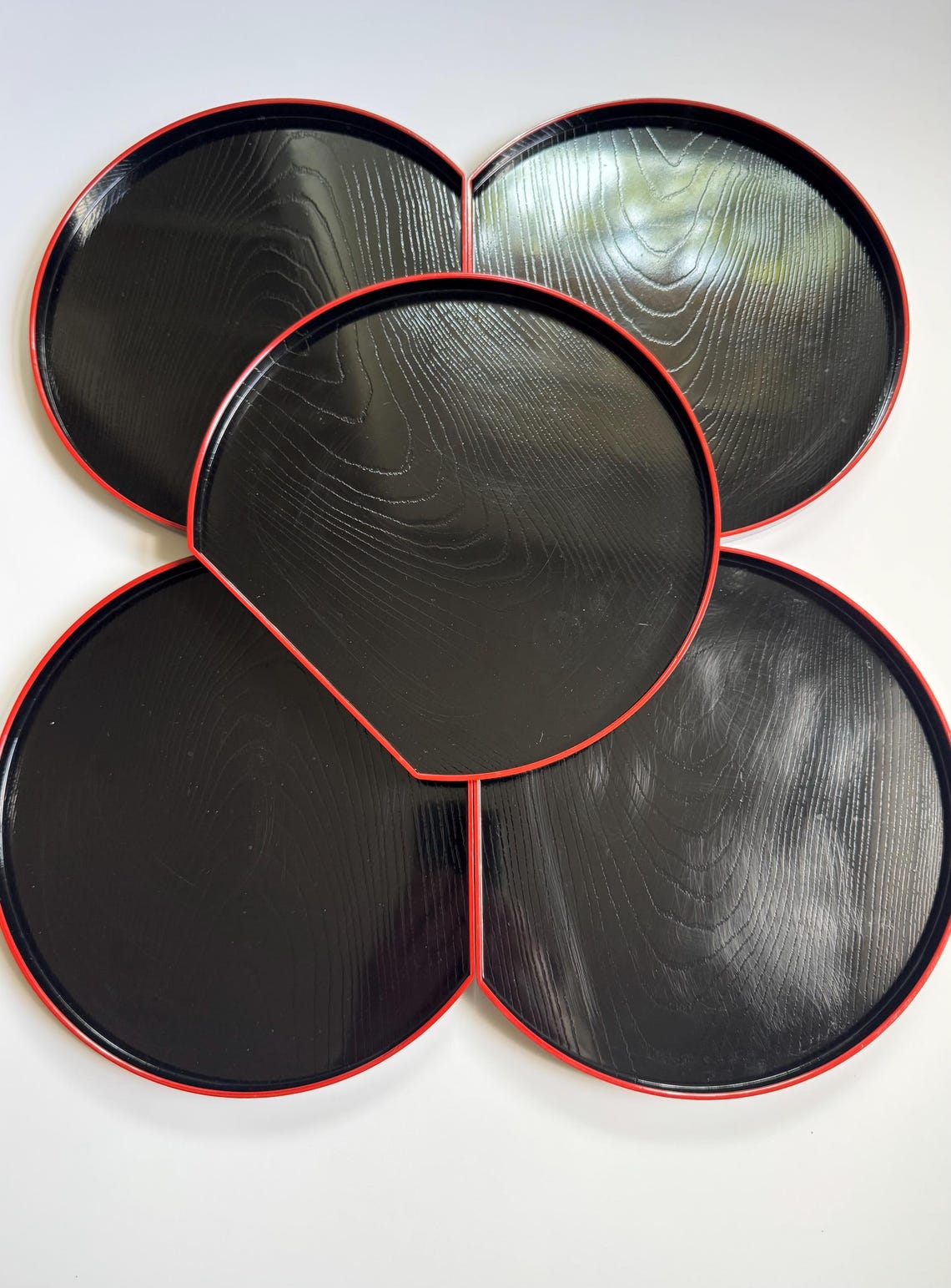 Set of 5 Vintage Japanese Laquerware Black With Red Trim Snack Plates ...