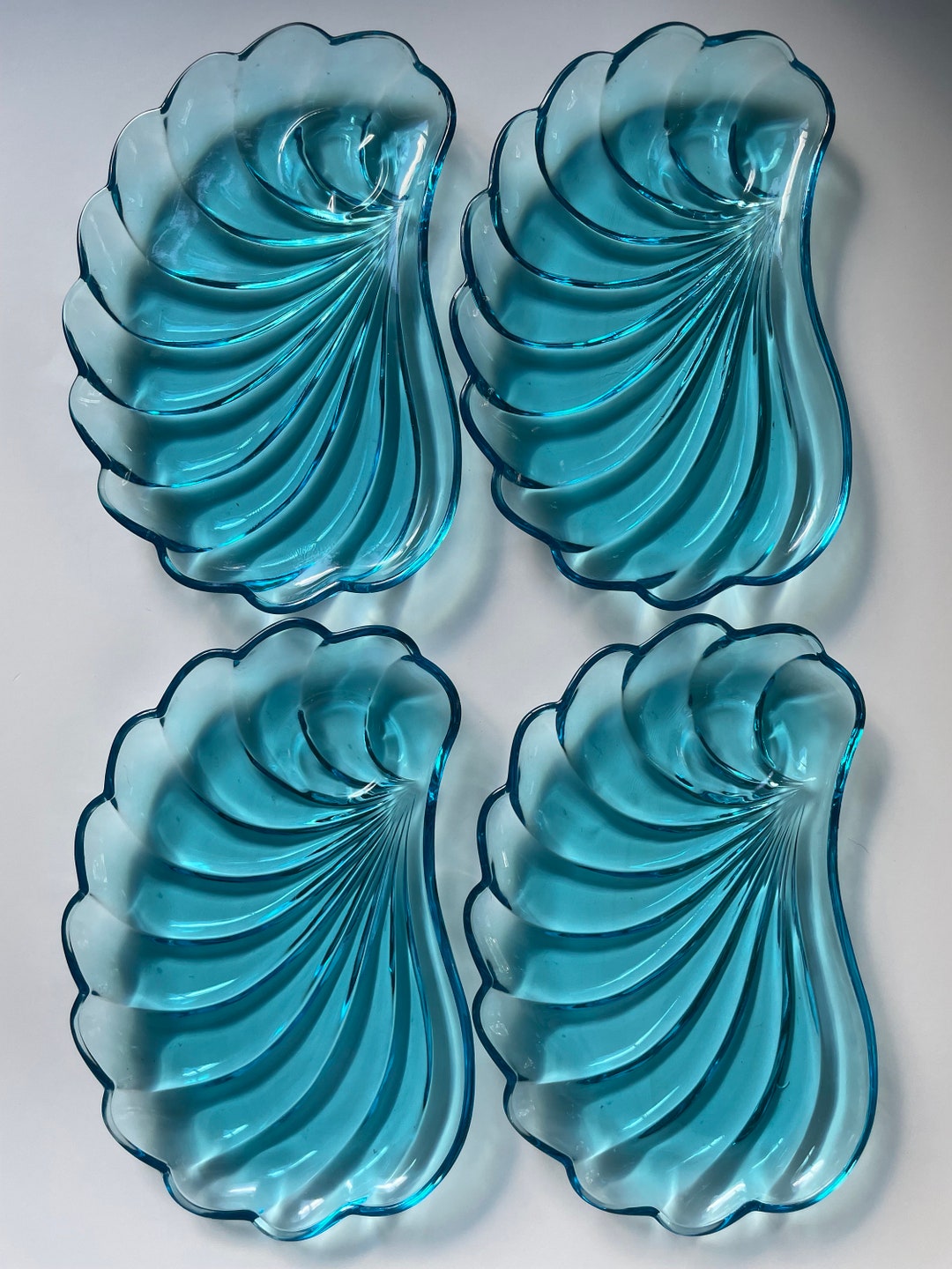 Set of 4 Mid Century Modern Hazel Atlas Capris Blue Glass Wavy Snack ...