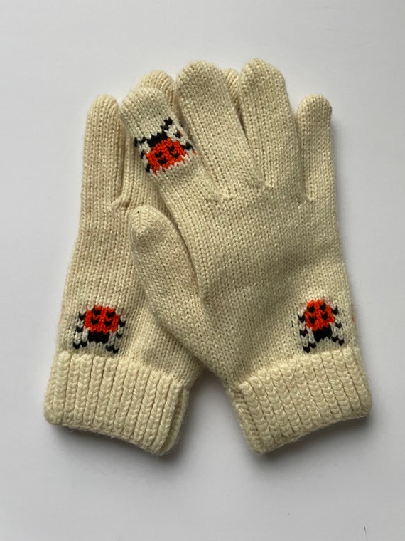 Vintage 1940s Ivory Lady Bug Knit Girl’s Gloves - Gem
