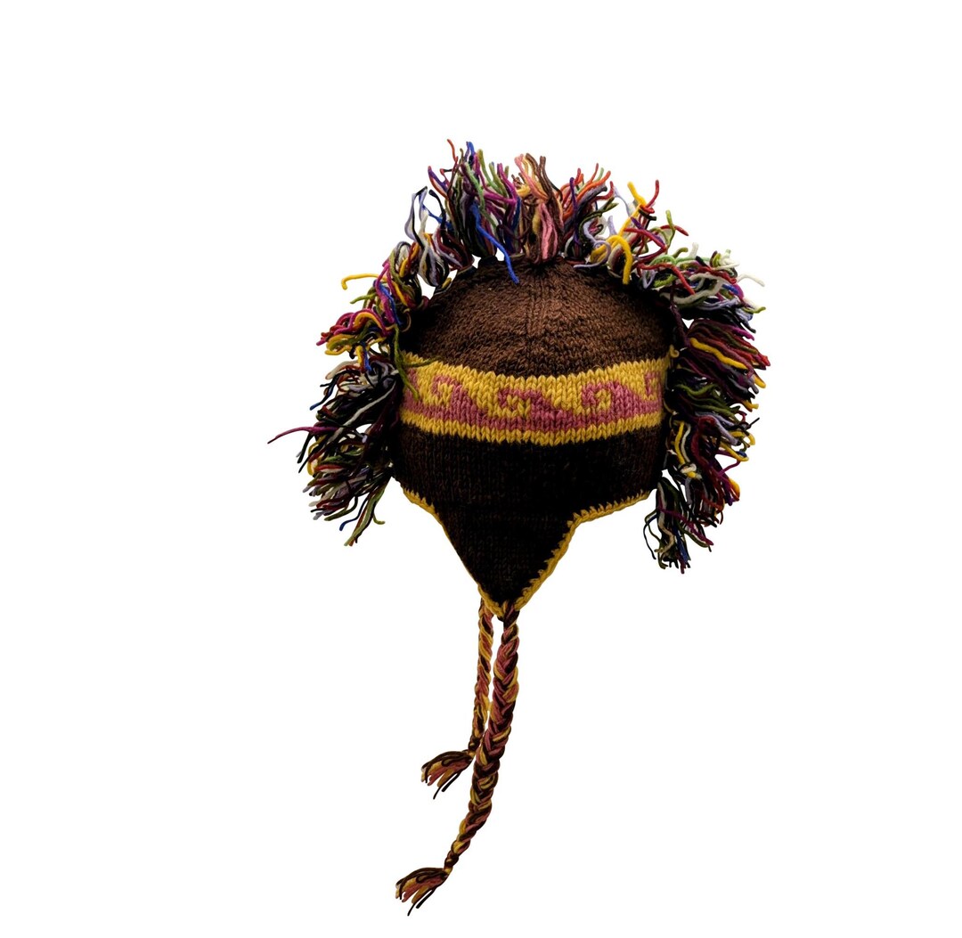 Recycled Hand Knit 100% Wool Unisex Ear Flap Mohawk Tassel Warm Fleece ...