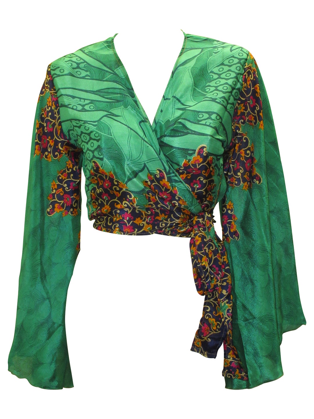Recycled Silk Crop Top: Retro Boho Bell Sleeve Wrap Blouse (up to Size ...