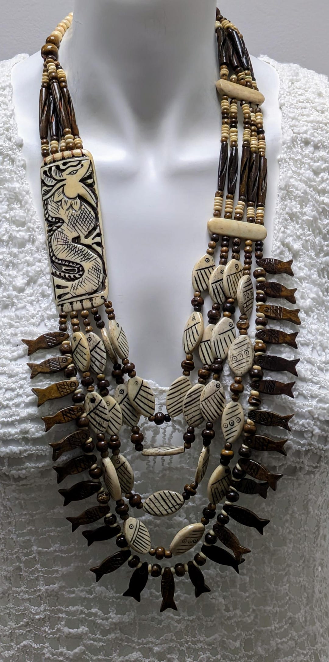 Handmade Recycled Wood Beaded Fish Pendant Multi-layered Necklace Boho ...