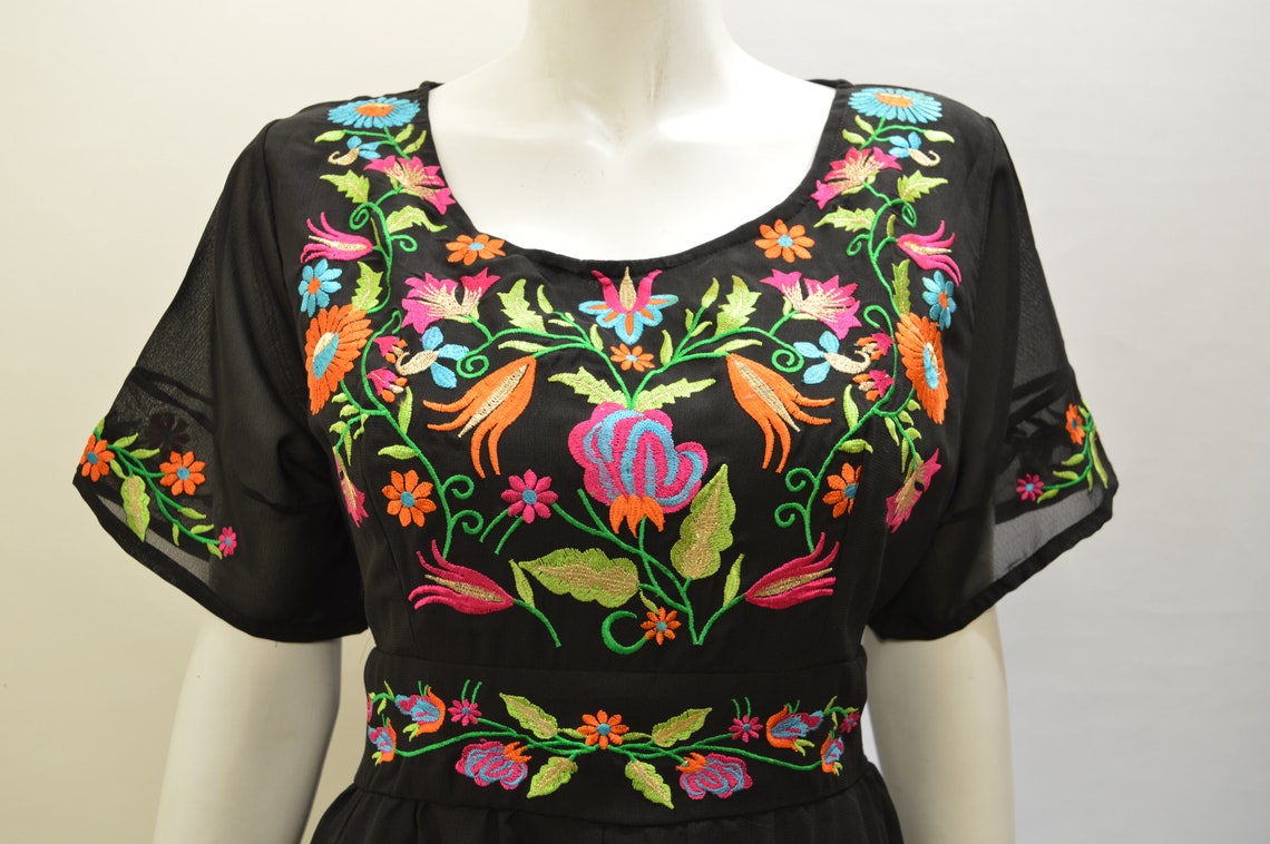 Boho Floral Embroidery Party Dress Lace Panels Gown Midaxi Fit Flare M ...