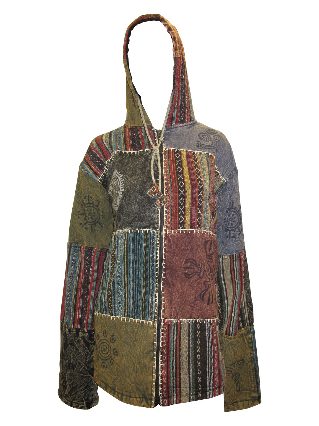 Patchwork Bohemian 100% Cotton Jacket Unisex Fleece Lined Hood Warm ...