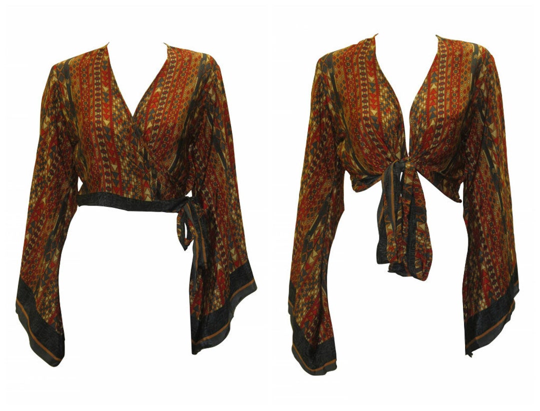 Recycled Retro Crop Top Bell Sleeves Boho Front Knot Wrap Blouse Free ...