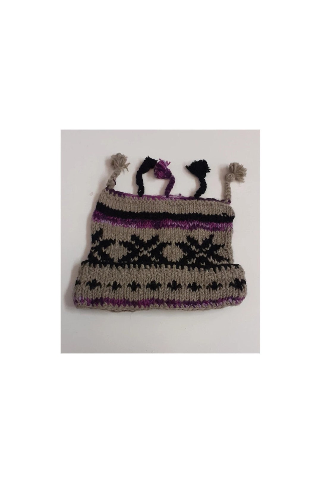 Recycled Hand Knit Jester Hat 100% Wool Boho Beanie Multi Tassel Warm ...