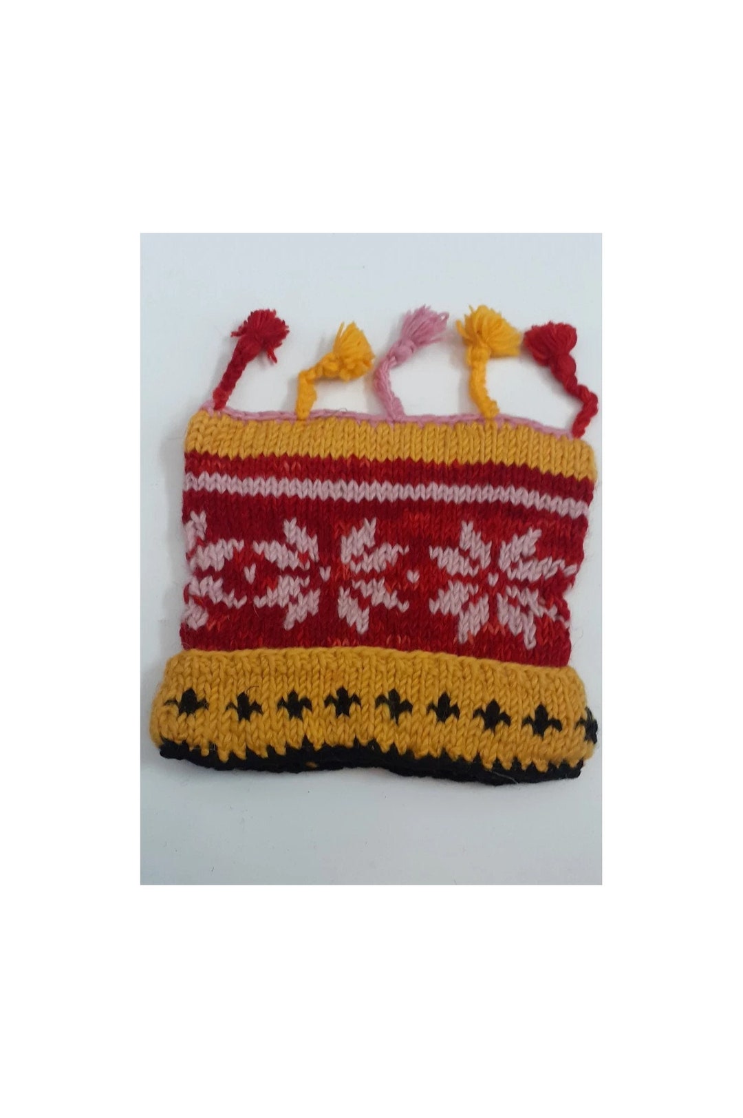 Recycled Hand Knit Jester Hat 100% Wool Boho Beanie Multi Tassel Warm ...