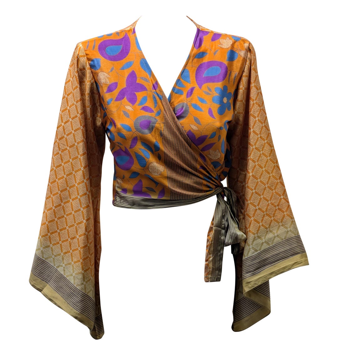 Recycled Silk Sari Crop Top: Boho Bell Sleeve Wrap Blouse - Etsy