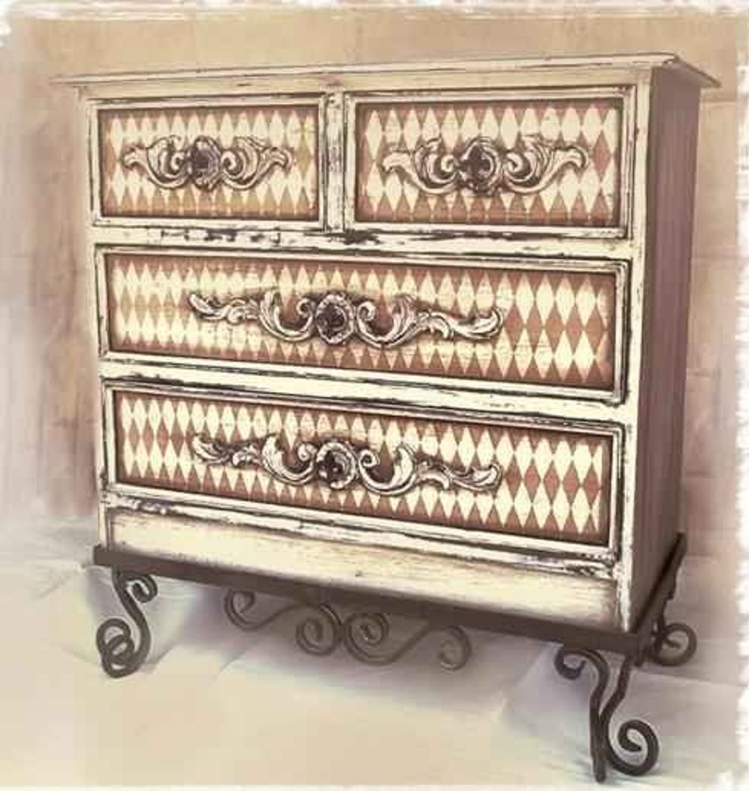Harlequin Hand Painted Chest on Hand-forged Metal Scroll Base - Etsy