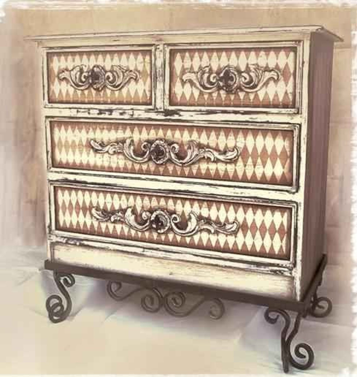 Harlequin Hand Painted Chest on Hand-forged Metal Scroll Base - Etsy