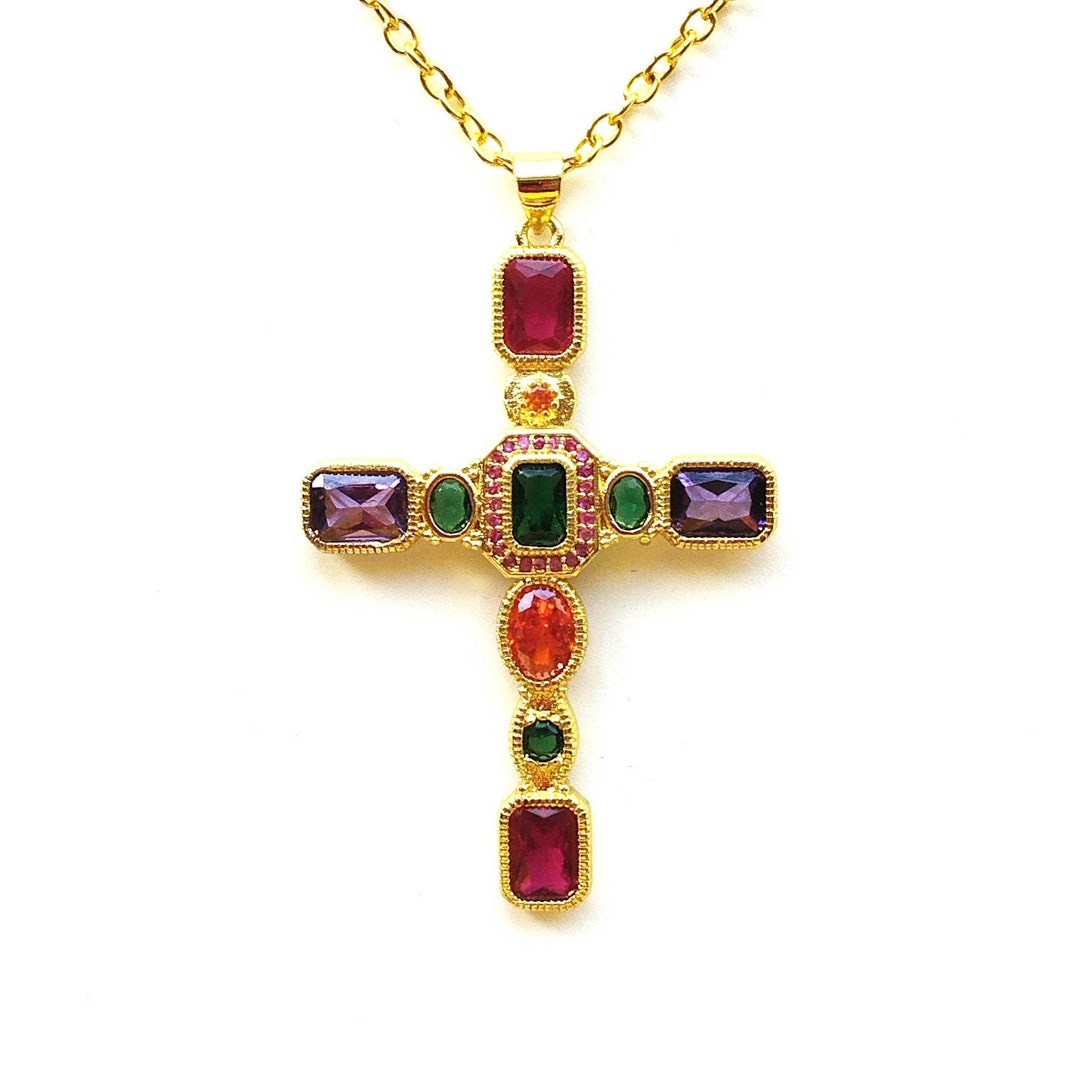 Victorian Cross Necklace, Simulated Gemstone Cross, Faux Gemstone Cross ...