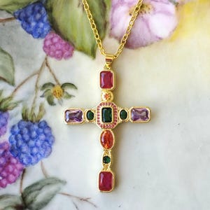 Victorian Cross Necklace, Simulated Gemstone Cross, Faux Gemstone Cross ...