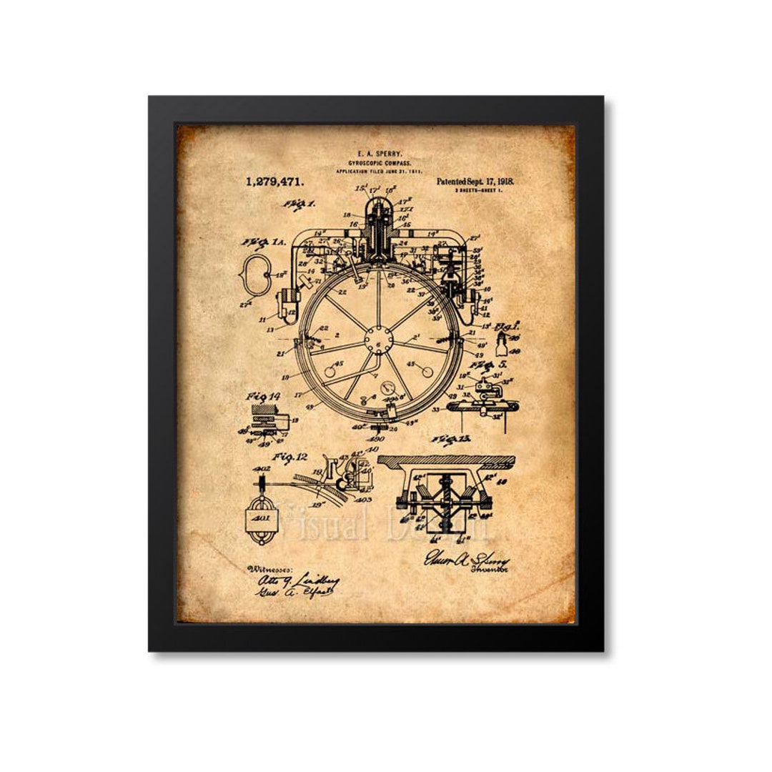 Gyroscope Compass Patent Print From 1918 - Compass - Patent Art Print ...