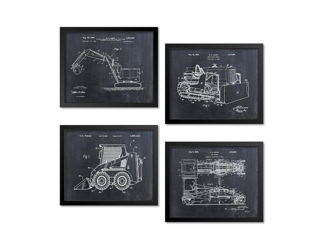 Construction Equipment Patent Prints Set of 4, Excavator Bulldozer ...
