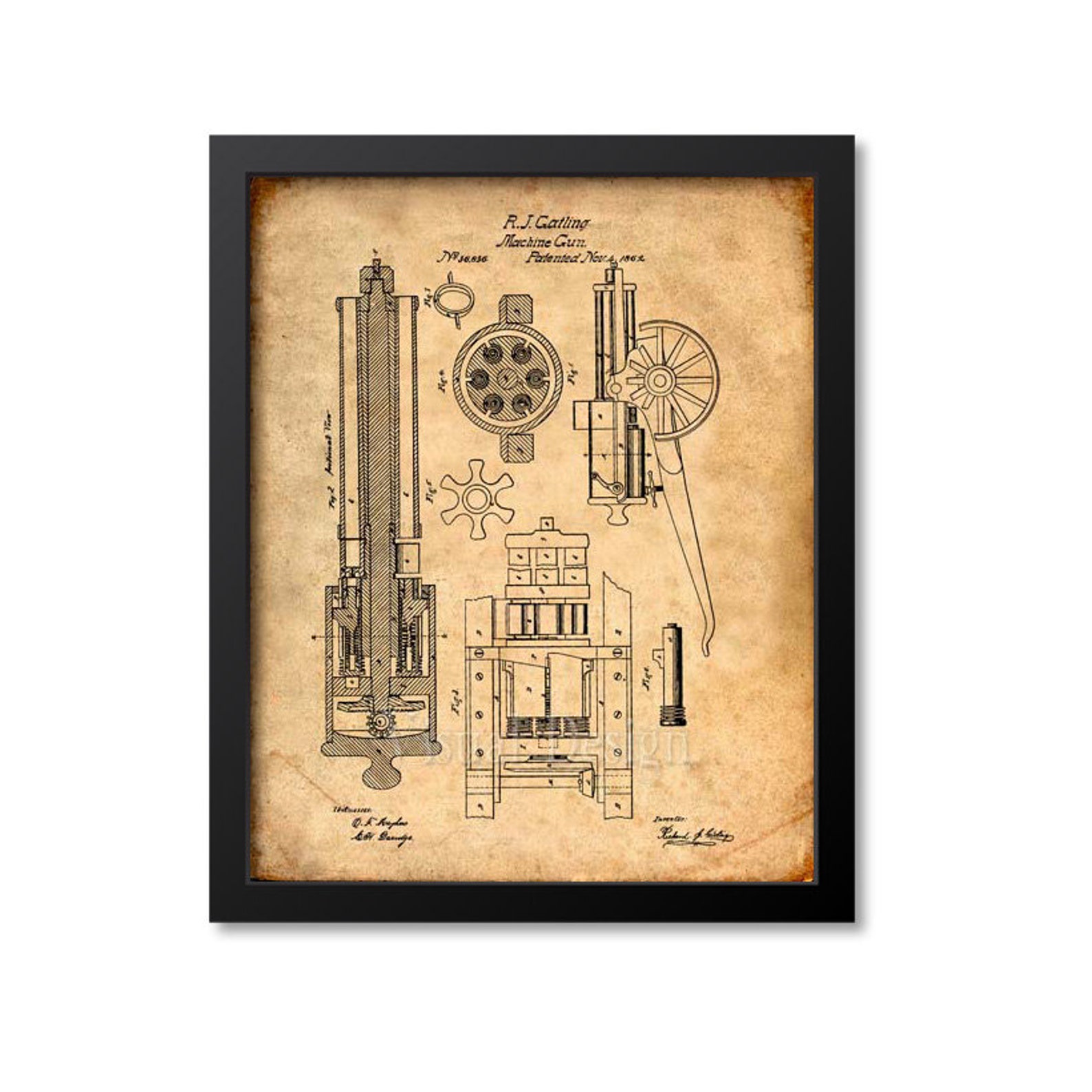 Gatling Machine Gun 1862 Patent Art Print, Gatling Gun Patent Poster ...