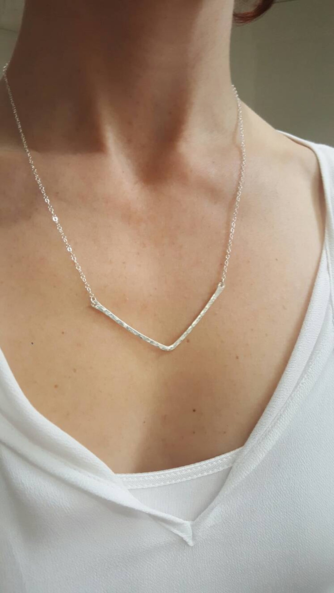 Silver V Necklace, Silver Chevron Necklace, Hammered Necklace, Triangle ...