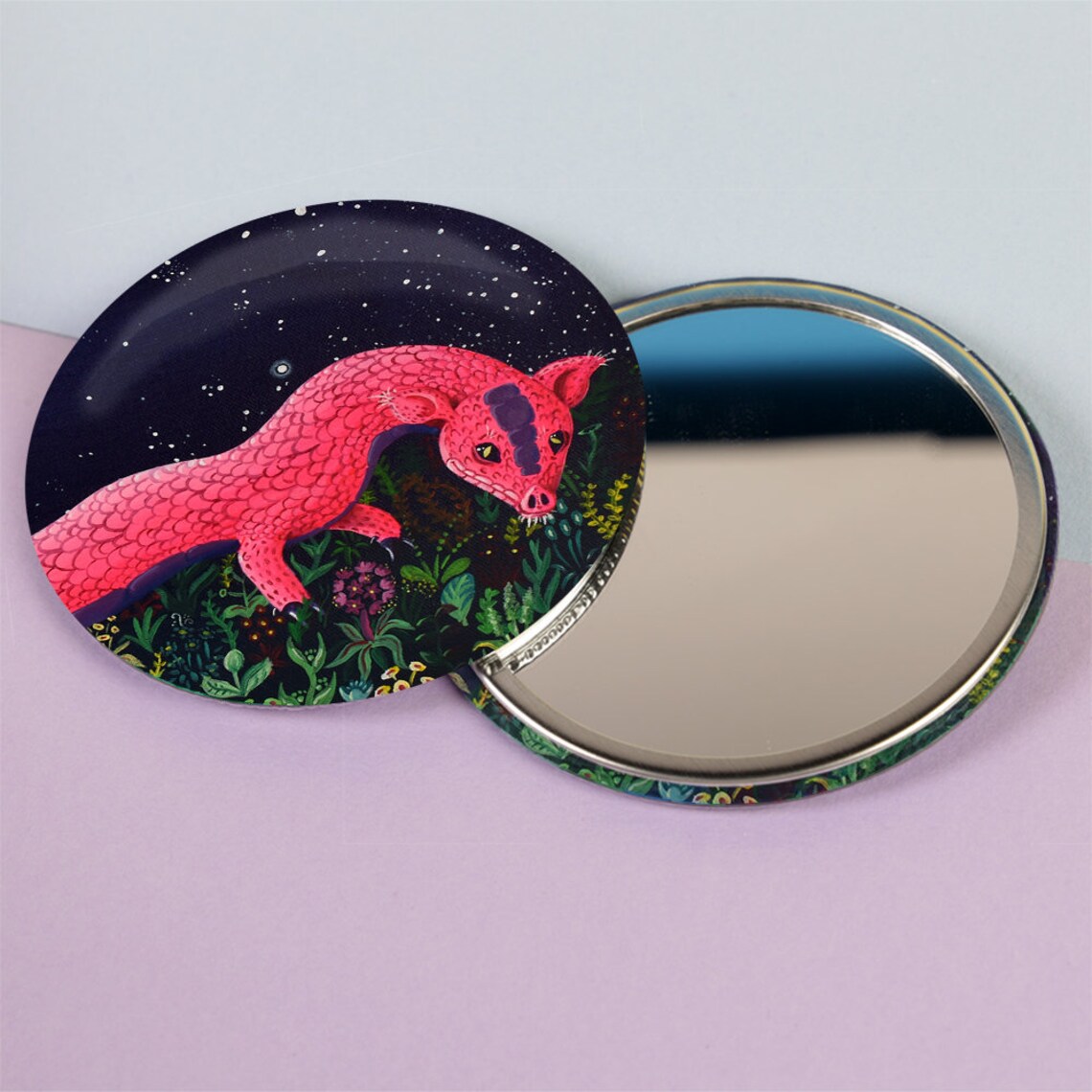 Unusual Pocket Compact Mirror With Snake, Dragon, Pink Surreal Animal ...