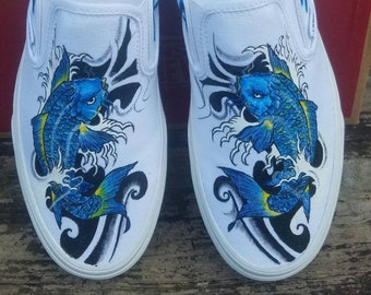 Japanese Koi Fish with tribal design vans slip on hand painted | Etsy