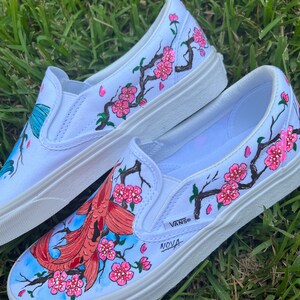 Japanese Koi Fish With Cherry Blossoms Flower Vans Slip on Hand Painted ...
