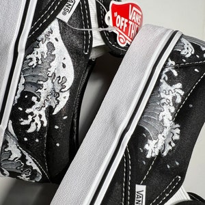 Black and White Japanese Koi Fish With Wave Design in Black Vans Slip ...