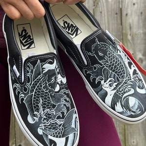 Black and White Japanese Koi Fish With Wave Design in Black Vans Slip ...