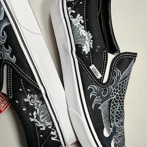 Black and White Japanese Koi Fish With Wave Design in Black Vans Slip ...