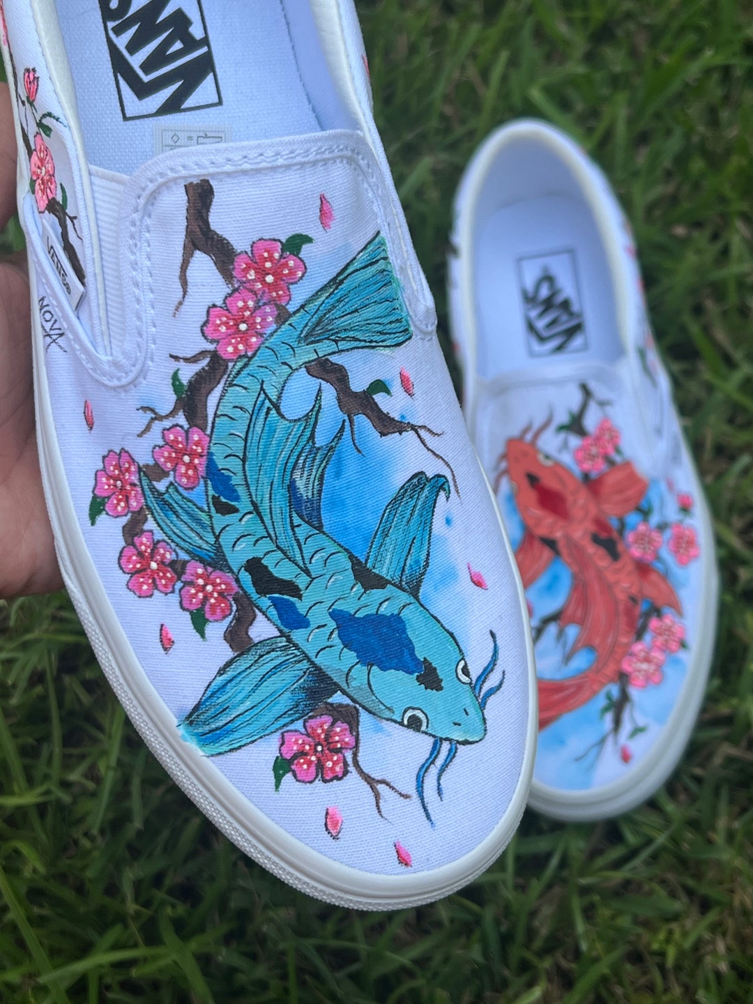 Japanese Koi Fish With Cherry Blossoms Flower Vans Slip on Hand Painted ...