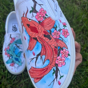 Japanese Koi Fish With Cherry Blossoms Flower Vans Slip on Hand Painted ...