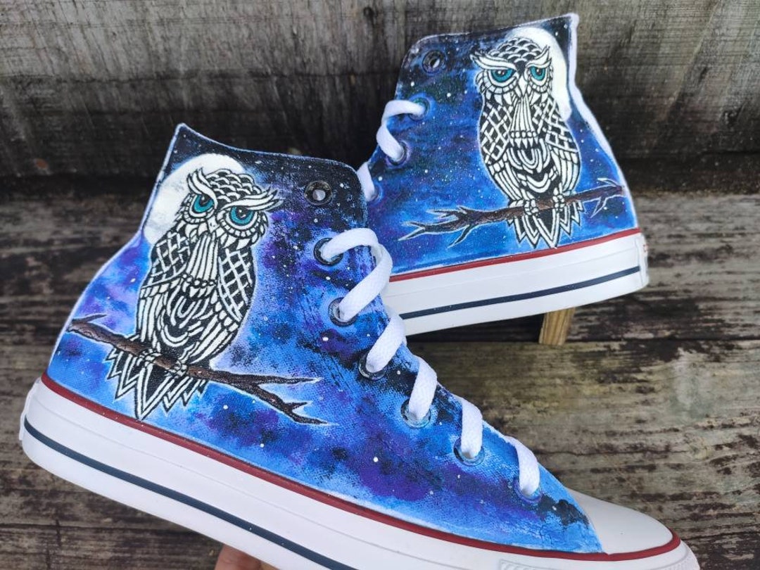 Night OWL Design With Feather High Top Converse Hand Painted Custom ...